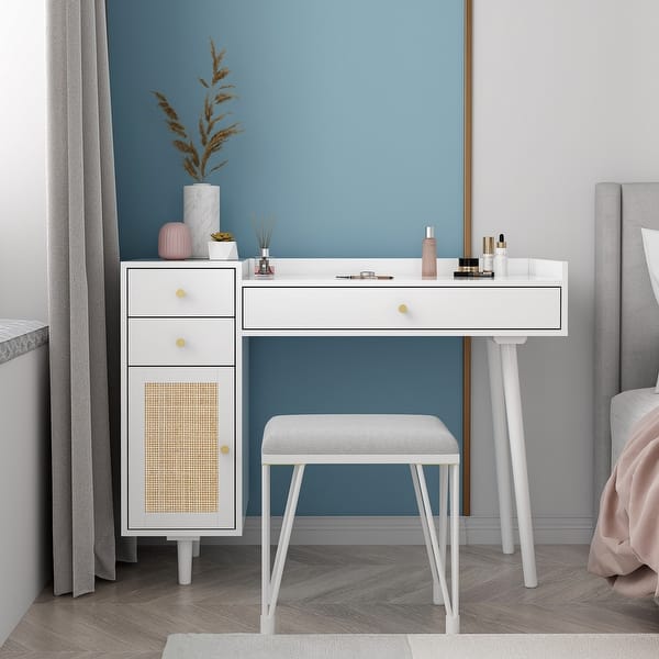 Mid-Century White Wood Makeup Vanity with Rattan Door - Bed Bath ...