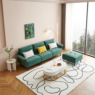 Green and Grey Velvet L-Shaped Sectional Sofa with Ottoman and Pillows ...