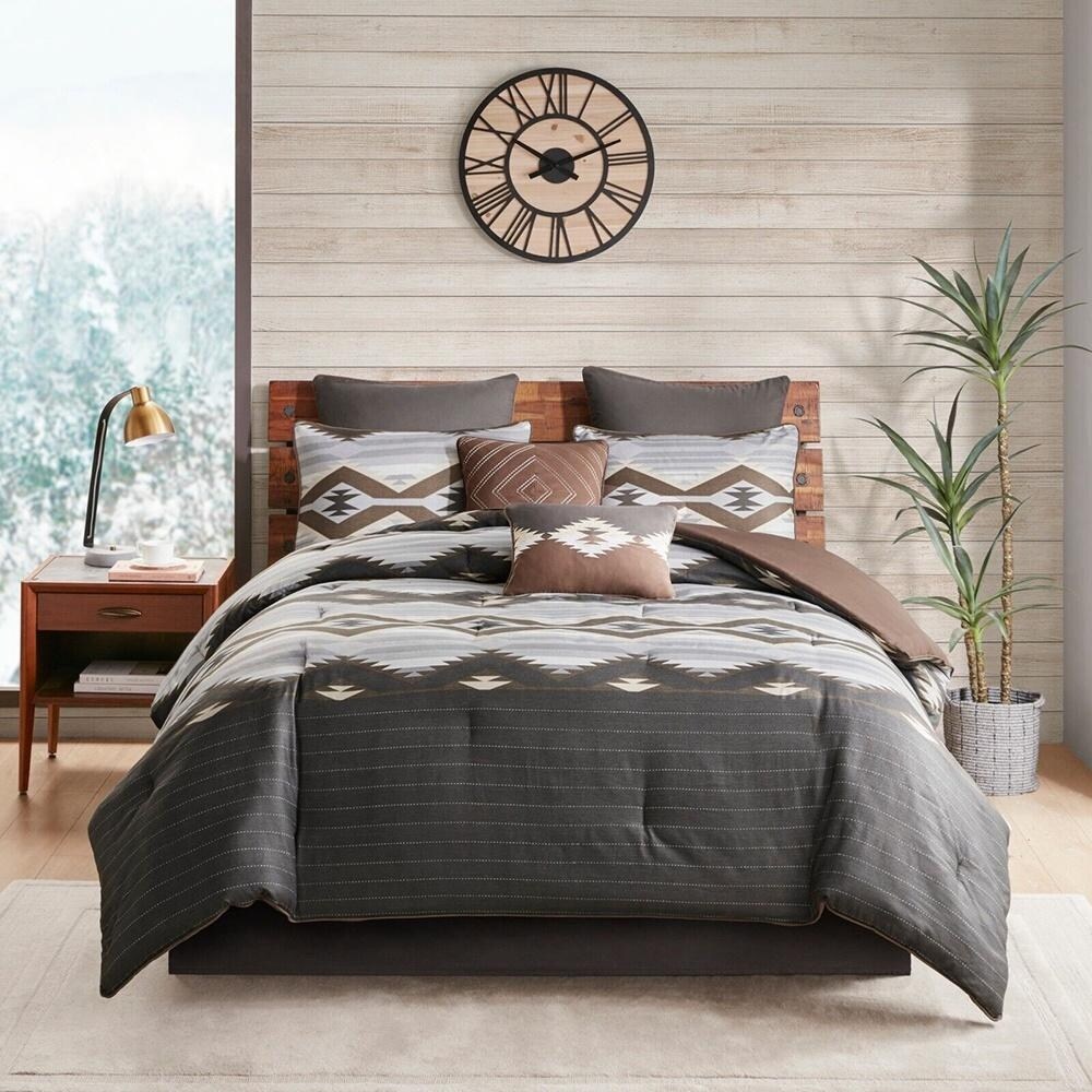 Queen Size Oversized Luxury Comforter Set Grey Brown 92 x 94