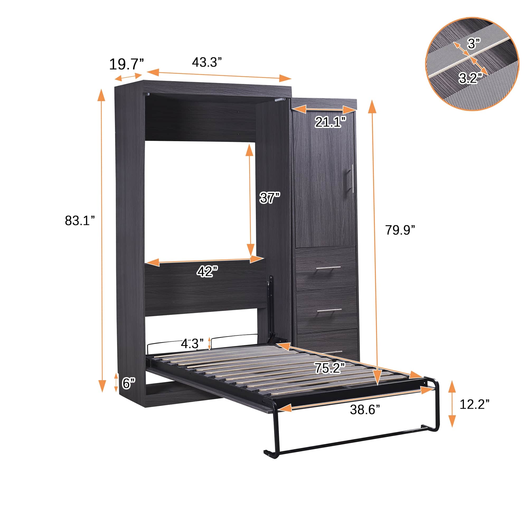 Twin Size Murphy Bed With Wardrobe And Drawers Storage Bed Can Be Folded Into A Cabinet Gray