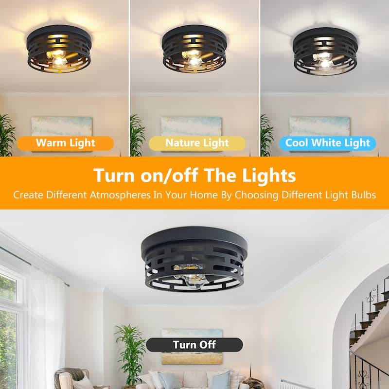 2-Light Industrial Flush Mount Ceiling Light, Black Metal Cage, E26 ...