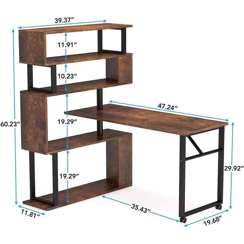 Rotating L Shaped Computer Desk with 5 Shelves Bookshelf - Overstock ...