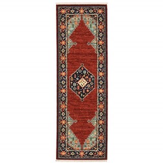 2' X 6' Red Blue Orange And Ivory Oriental Power Loom Stain Resistant ...