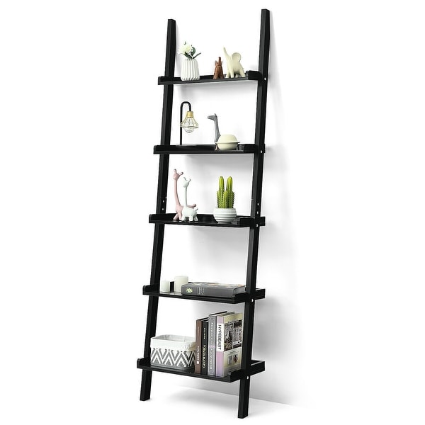 Costway Ladder Shelf 5 Tier Plant Stand Wall Leaning Bookcase Display Rack Black