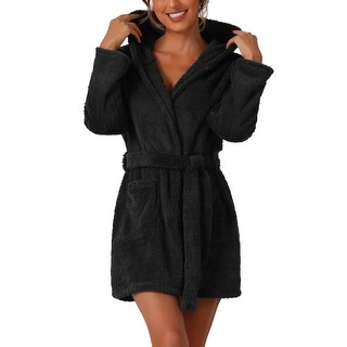 Womens Fuzzy Robe Belted Hooded Fleece Plush Bath Robe Winter Spa Robes ...
