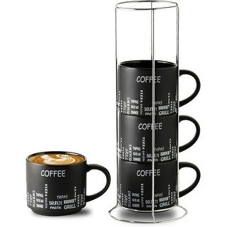 Ceramic Coffee Mugs Set of 4 with Rack, 15 OZ Black Stacking Coffee ...