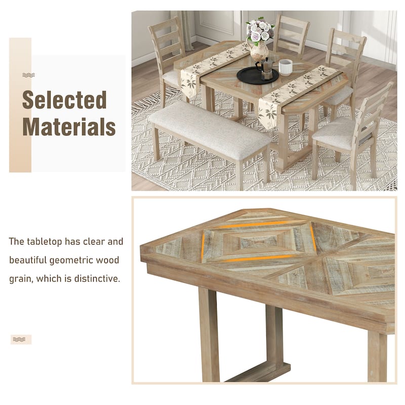 6 Piece Rubber Wood Dining Table Set With Beautiful Wood Grain Pattern