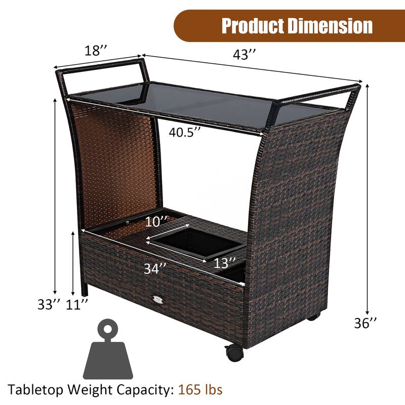Wicker Bar Cart Patio Counter Table with Wheels and Ice Bucket ...