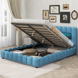 Queen Size Upholstered Platform Bed w/ LED, USB, Under Bed Storage Bed ...