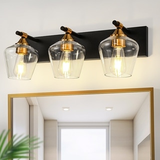 YANSUN 3-Light Large Backplate Vanity Light Fixture E26 Black and Gold ...
