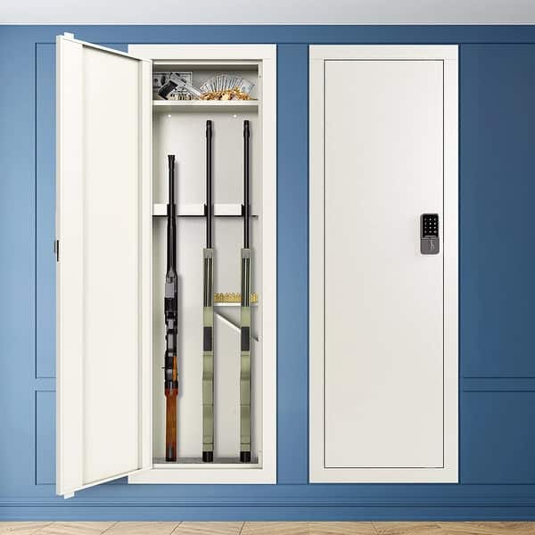 Beige In Wall Hidden Gun Cabinet, Gun Safe w/ Keypad & Adjustable Rack ...