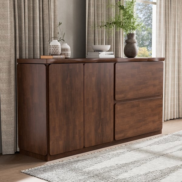 Furniture of America Abigail II Mid-Century Modern Walnut Solid Wood Dining Server with Drawers ...