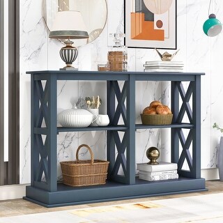 Console Table with 3-Tier Open Storage Spaces and 'X' Legs; Narrow Sofa ...