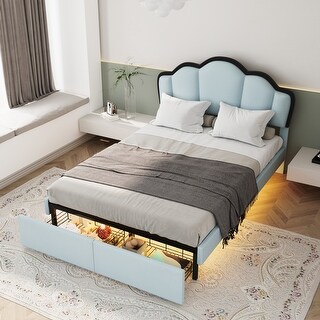 Full Size Upholstered Princess Platform Bed with LED and 2 Storage ...