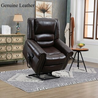 Brown Genuine Leather Power Lift Recliner Chair with Massage, Lumbar ...