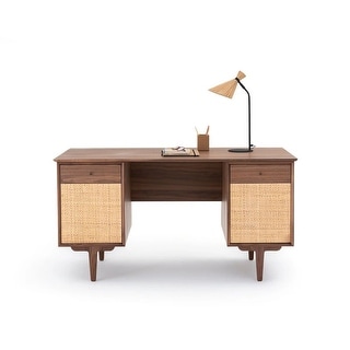 Walnut Home Office Desk with Rattan Net - Bed Bath & Beyond - 37982644