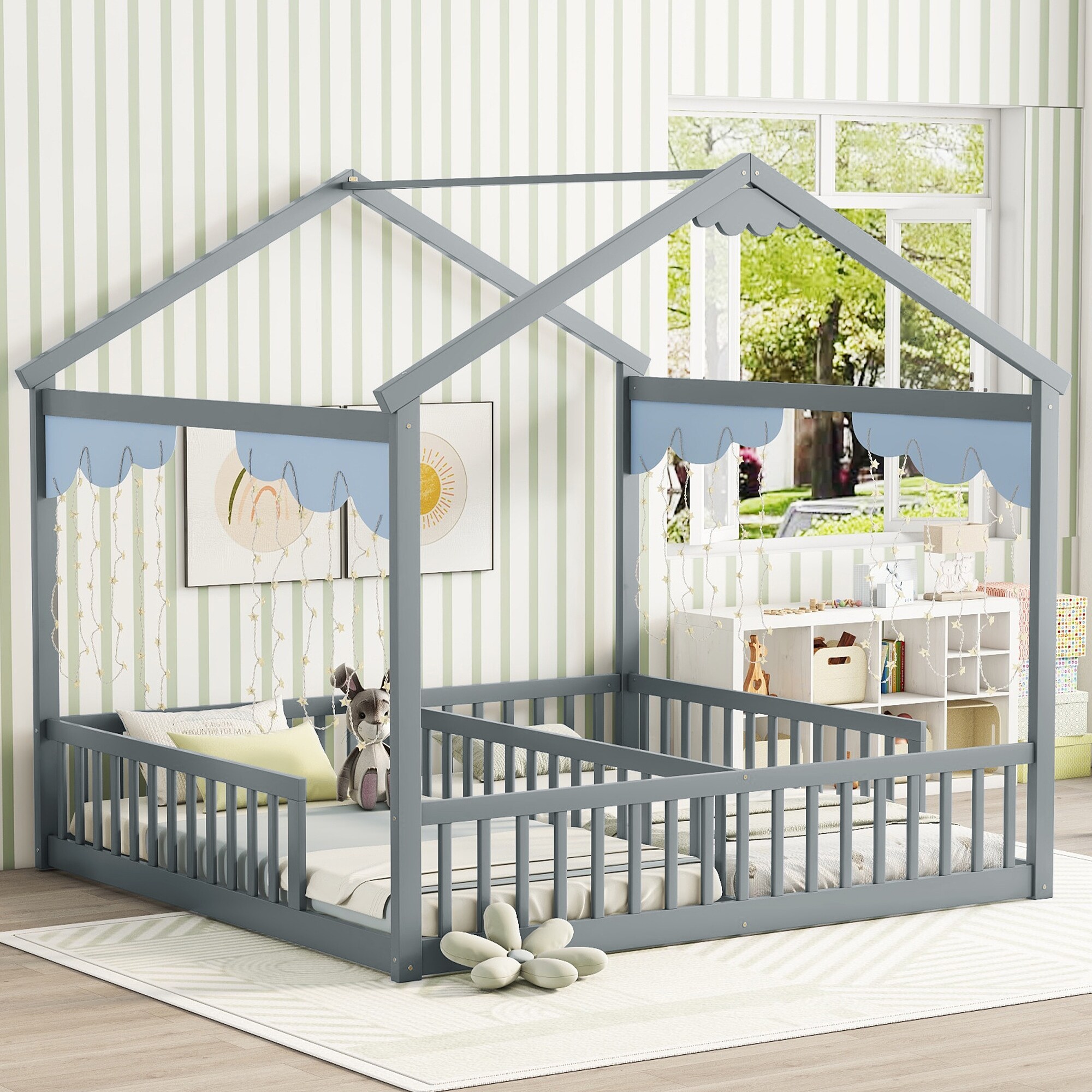 Double Twin Size Pine Wood Kids House Floor Bed Frame with Fence Guardrails No Box Spring Needed Grey Bed Bath Beyond 40817564