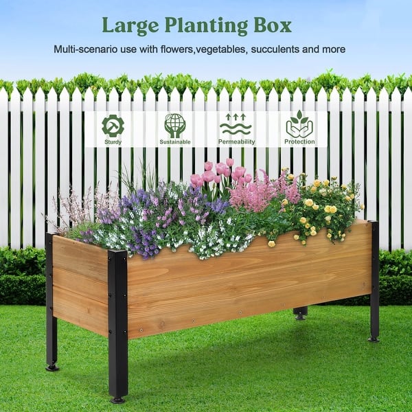 Wood Rectangular Garden Planter Box Raised Bed Outdoor, 37x13x15in Elevated Herbs Vegetables ...