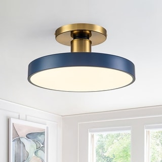 Modern Blue Round LED Semi Flush Ceiling Light - Blue + Brass - Bed ...