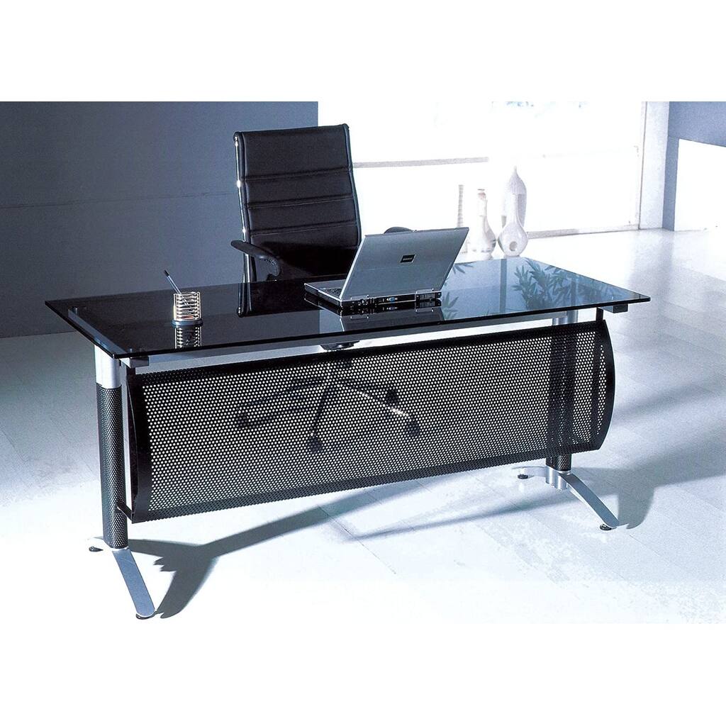 Glass Top Home Office Computer Desk with Metal Frame, Dark Grey ...