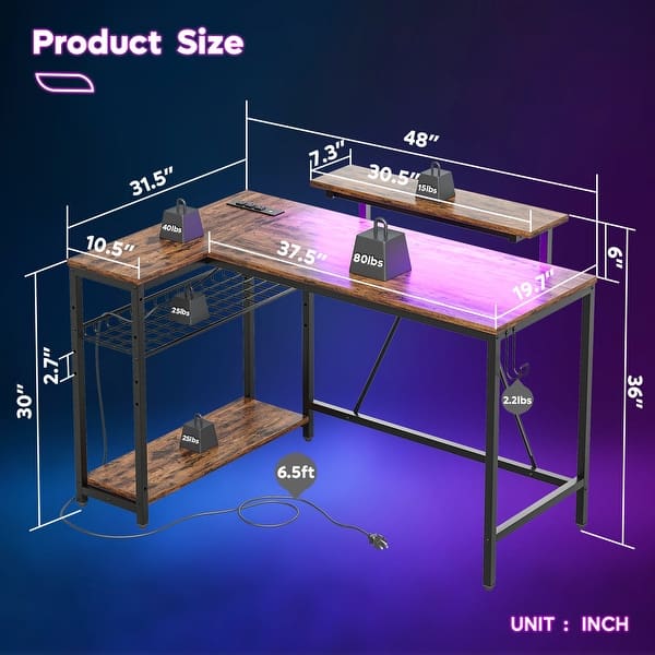 48inch L shaped computer desk with power outlet , Led Gaming desk with ...