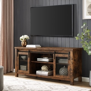 Classic Rustic Style TV Stand with 2 Sliding Barn Doors with Steel Net ...