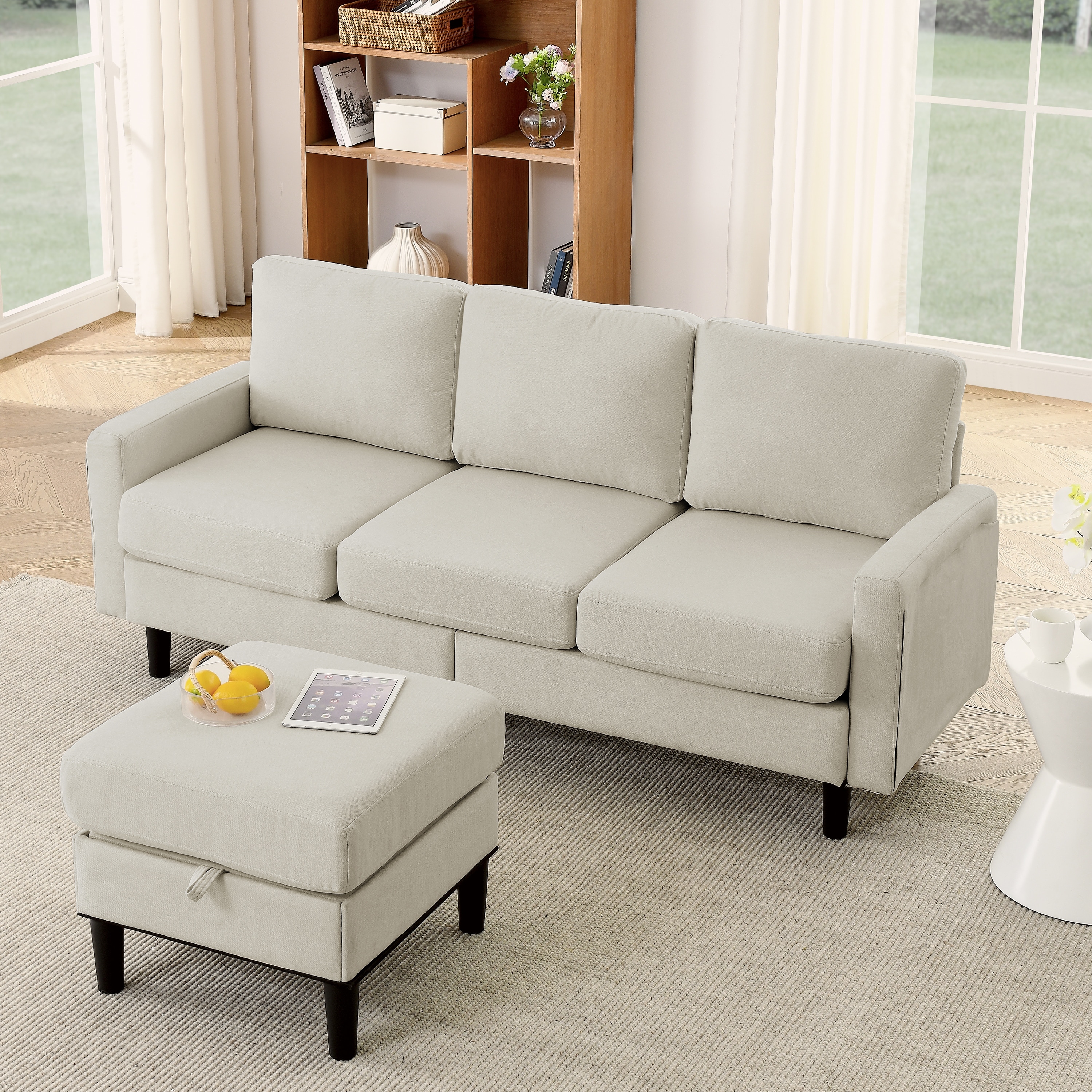 Beige Upholstered L-Shaped 3-Seater Sectional Sofa with Reversible ...