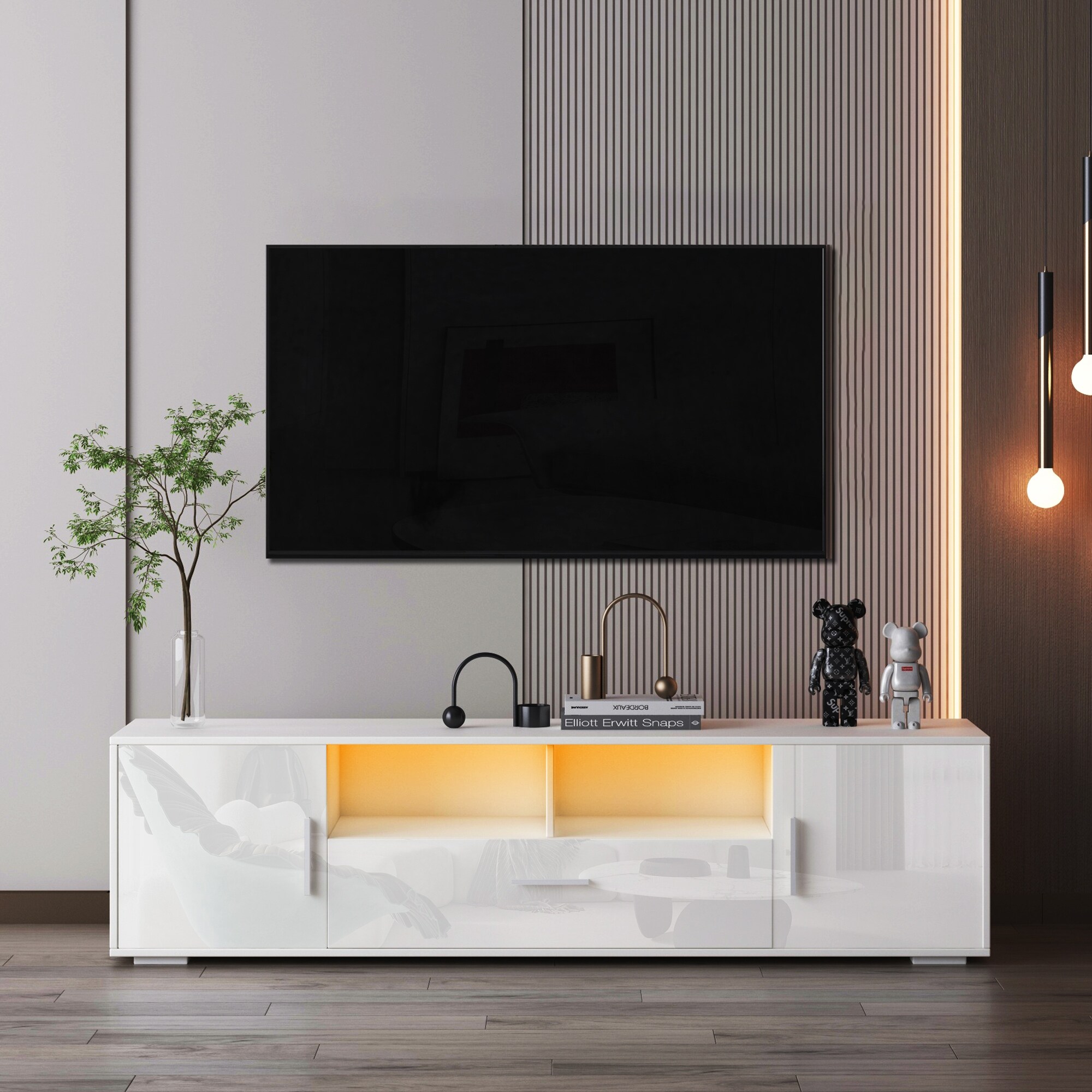 QUICK ASSEMBLE White Modern TV Stand for 64 inch TV with LED Lights High Glossy Front TV Cabinet 63