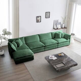 Green L-Shape Convertible Sectional Sofa 5-Seat Breathable Chenille Modular Couch with Ottoman ...