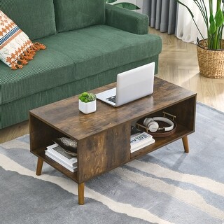 Brown Coffee Table wirh Open Storage Shelf and Solid Wood Legs for ...