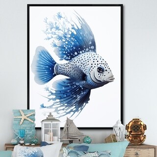 Designart "Monochrome Blue And White Fish Crawl I" Coastal Coral Under ...