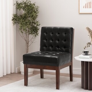 Black Leather Tufted Buttons Accent Chairs Lounge Chair with Wood Base ...