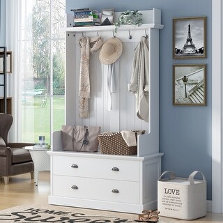 Wide Hallway Coat Rack with 5 Metal Hooks and 2 Large Drawers Hall Tree ...