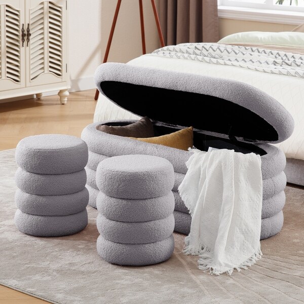 HOMYKA Oval Storage Ottoman Bench with 2 Small Stool for End of Bed Grey