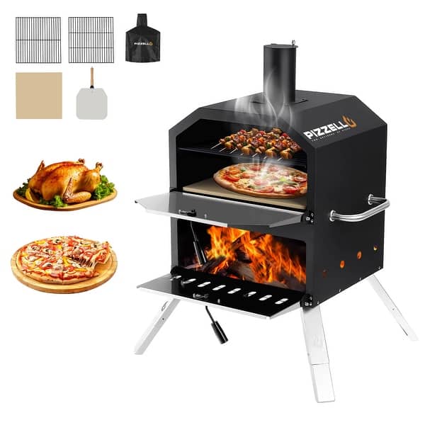 2-Layer Outdoor Pizza Oven Wood Fired Pizza Maker Outside Pizza Grill for Camping - 16 inch ...