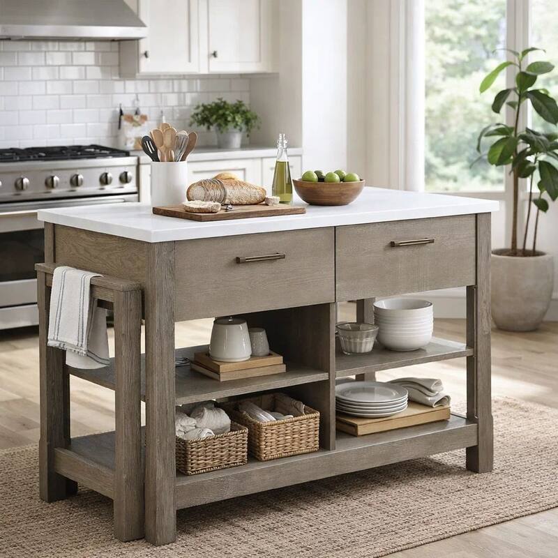 50 Inch Wood Kitchen Island, Faux Marble Top, Pull Out Table, Gray - On ...