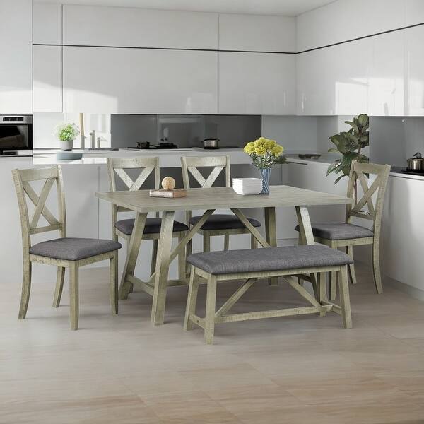 Rustic Style 6 Piece Kitchen Wood Dining Table Set with Table, Bench ...