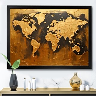 Designart "Black And Gold World Map Geographies " World Map Framed Wall ...