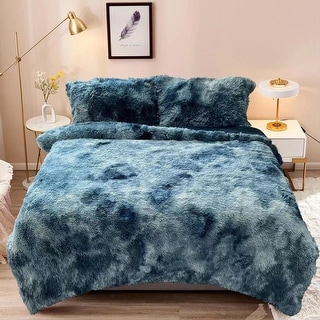 Fluffy Shaggy Comforter Set with 2 Pillowcases Queen Tie Dyed Teal ...