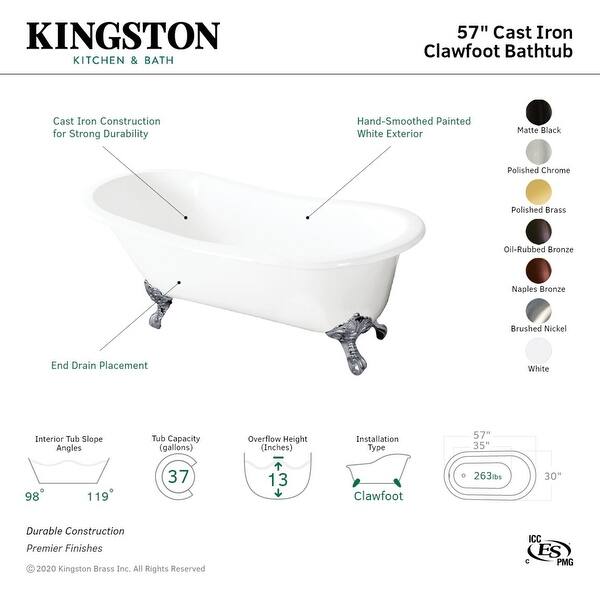 Kingston Brass Tazatina 57-Inch Cast Iron Slipper Clawfoot Tub without ...