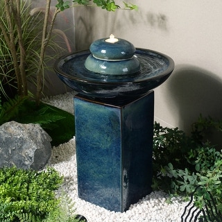 Blue Ceramic Fountain with Submersible Pump and Warm White LED Lights ...