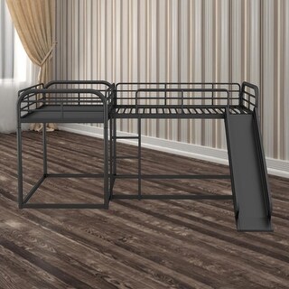 L-Shaped Metal Bunk Loft Platform Bed Frame with Slide and Ladder ...