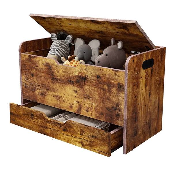Lift Top Wooden Toy Box Storage Bench with Drawer, Brown - 31.5"L x 15. ...