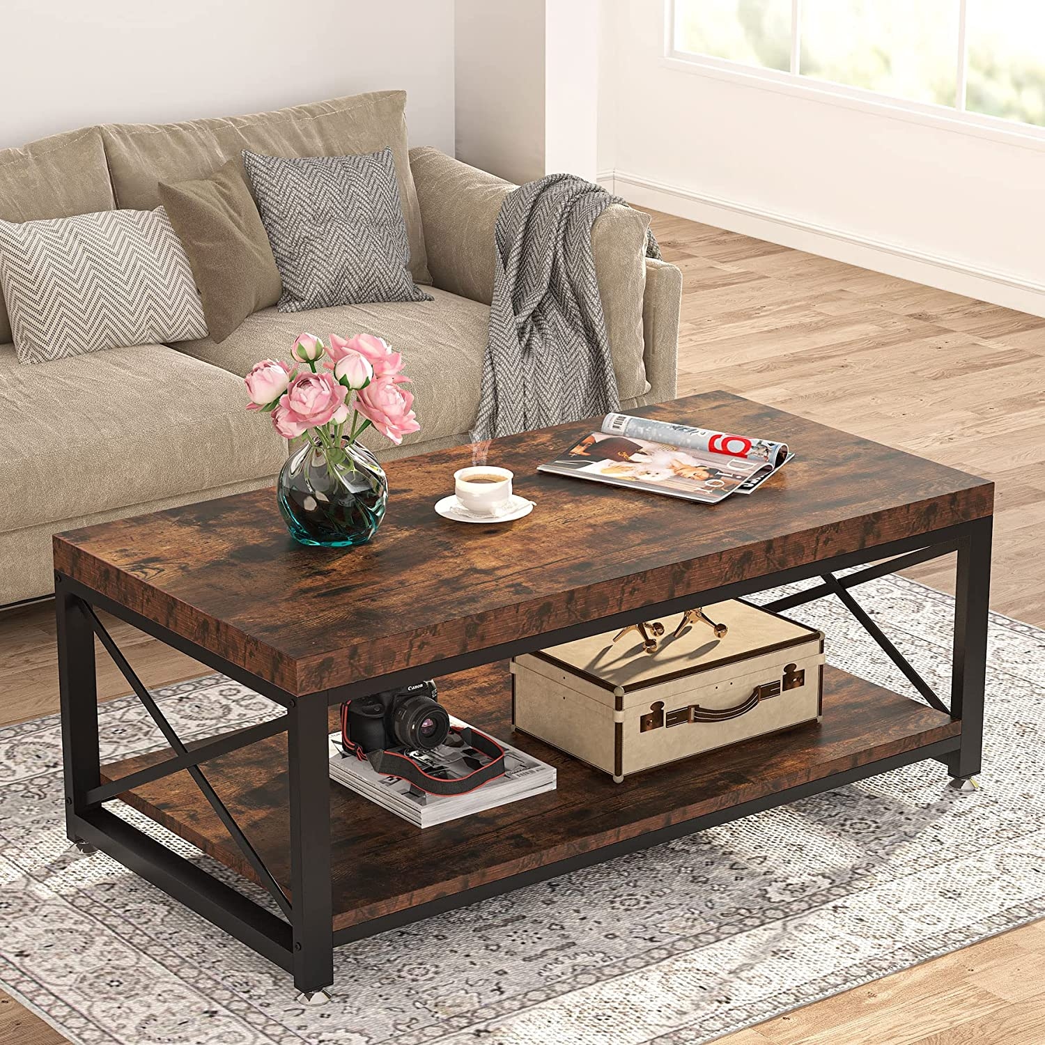 Industrial coffee table with drawers store