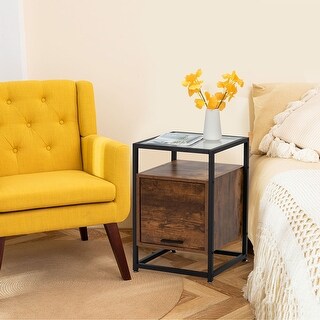 Modern Night Stand with Glass Top, End Table with Pull-Down Door - Bed ...