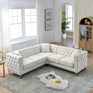 L-Shaped Velvet Corner Couch Beige Sectional Sofa for Living Room - Bed ...