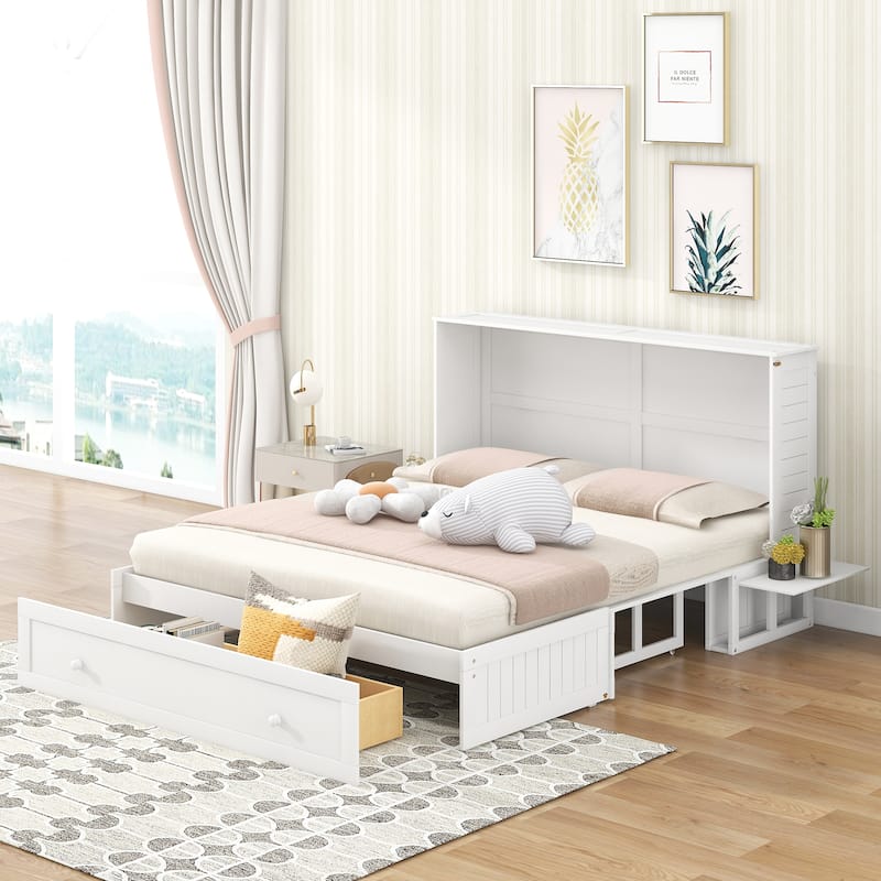 Modern Style White Pine Wood Queen Size Murphy Bed With Drawer And