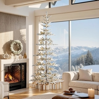 Glitzhome 6ft/7ft/9ft Deluxe Pre-Lit Flocked Slim Fir Artificial Christmas Tree with Warm White ...