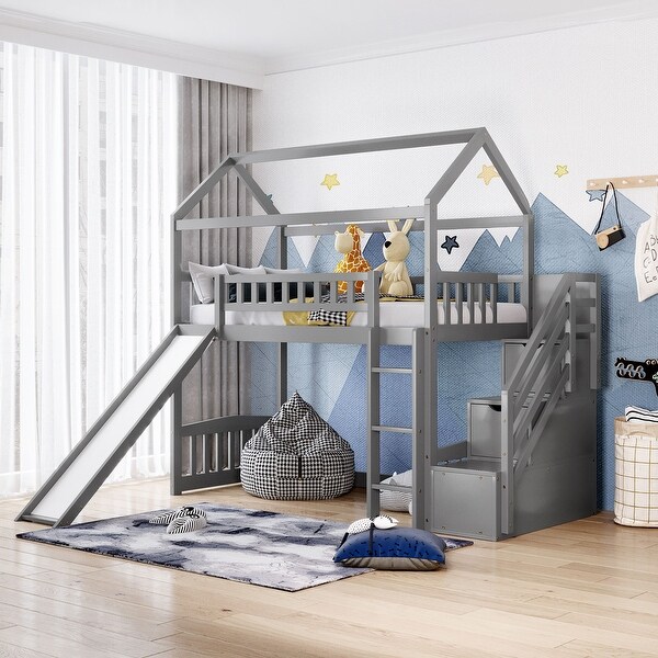 Twin Loft Bed with 2 Drawers and Slide Wood Floor House Bed with Roof and Guardrails for Kids Bedroom No Box Spring Needed Bed Bath Beyond 37433408