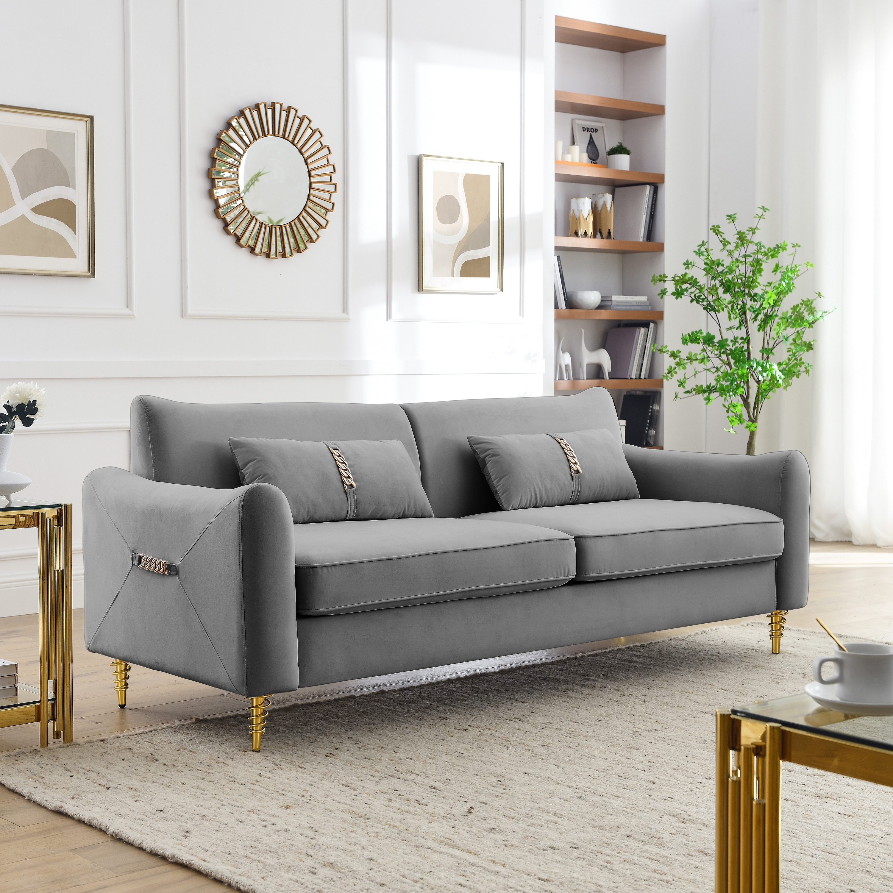 80.3 Velvet Modern 3 Person Sofa Couch with Tufted Backrest and Gold Legs Bed Bath Beyond 37996907